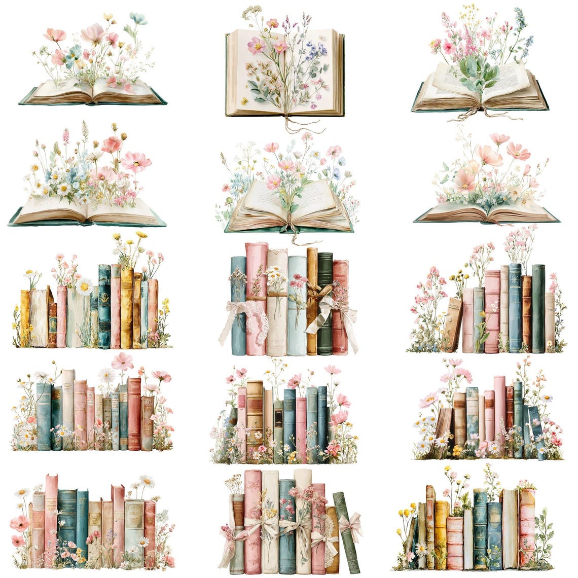 Watercolor Floral Books Clipart: Boho Wildflower PNG Set - Etsy