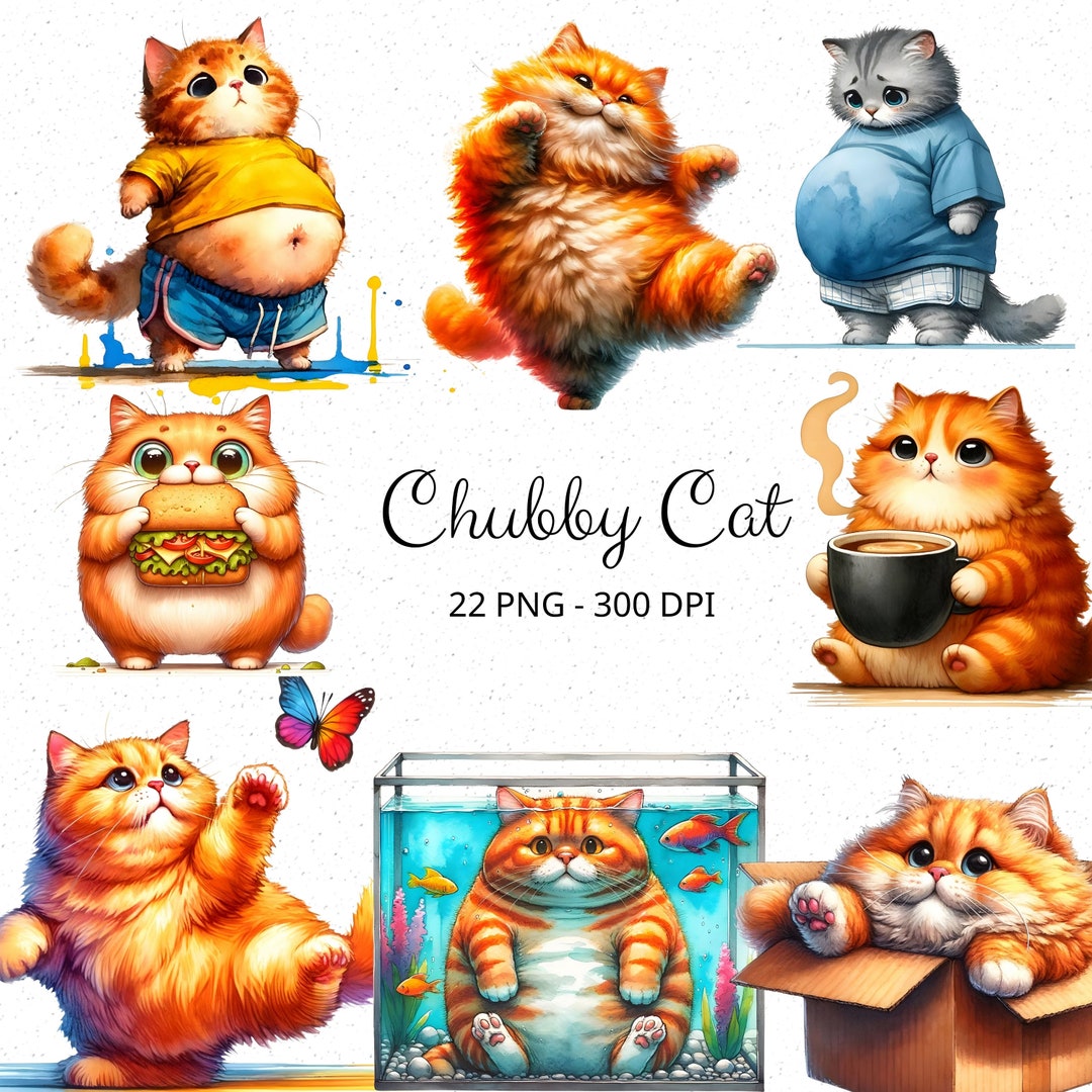 Watercolor Chubby Cat Clipart: Funny Orange Tabby PNG - Etsy
