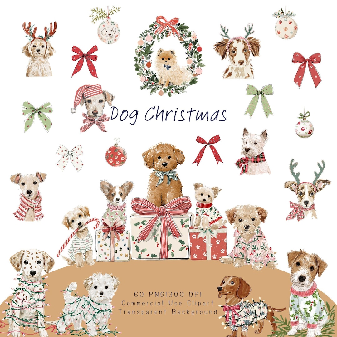 Christmas Dog Clipart Set: Watercolor Puppy PNG With Santa Hat - Etsy