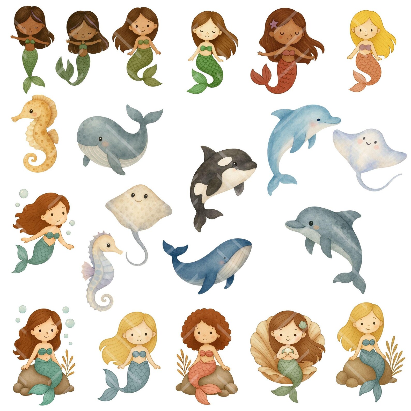 Watercolor Mermaid Clipart, Under the Sea PNG (digital Download) - Etsy