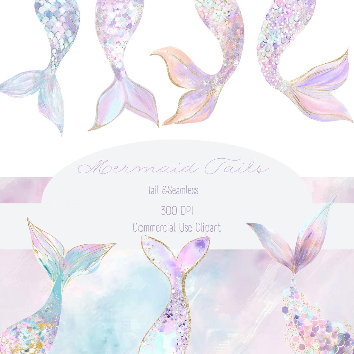 Watercolor Mermaid Tail Clipart Set: Pastel Fins, Glitter (PNG, JPG ...
