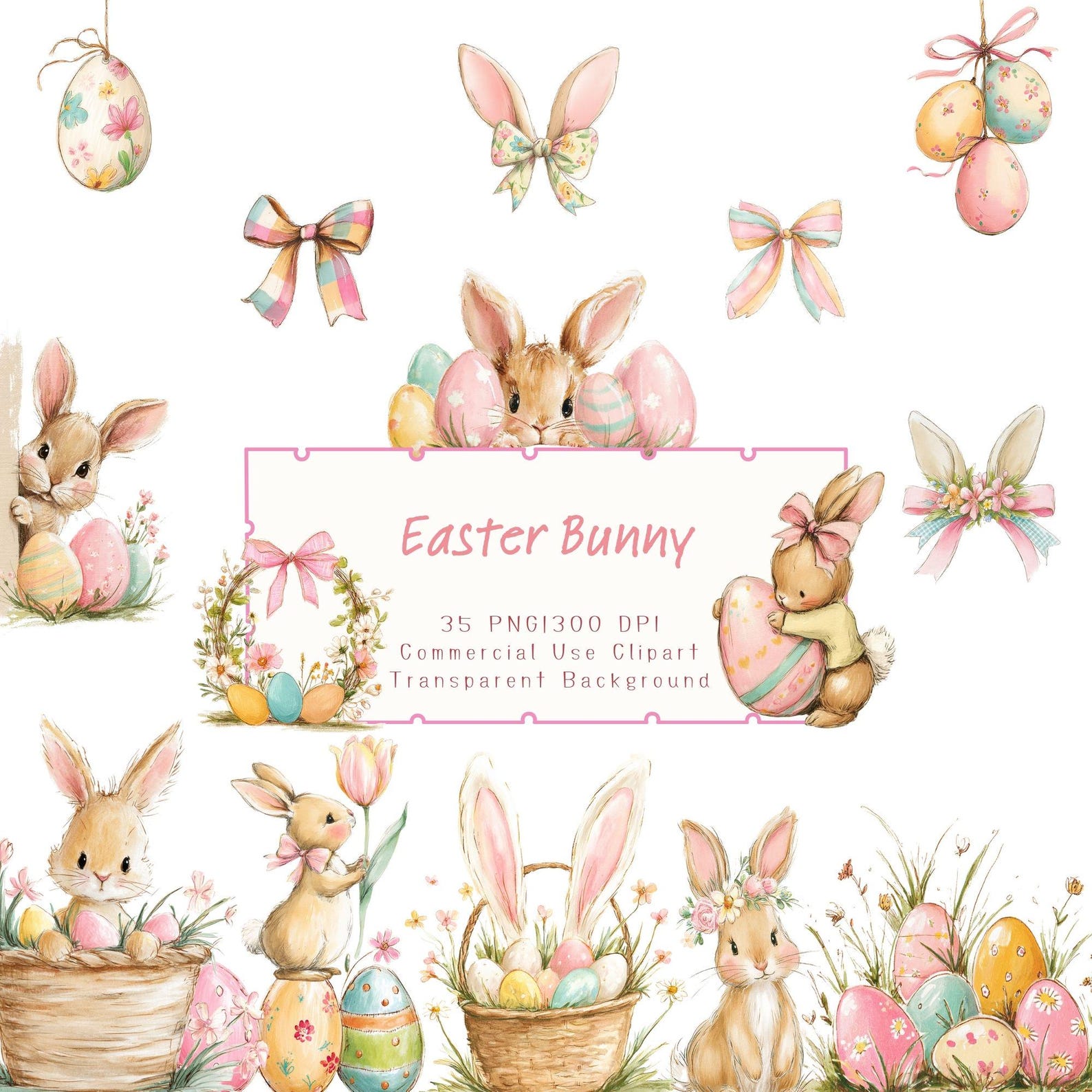 Easter Bunny Clipart, Spring Bunny PNG, Bunny With Flowers and Eggs ...