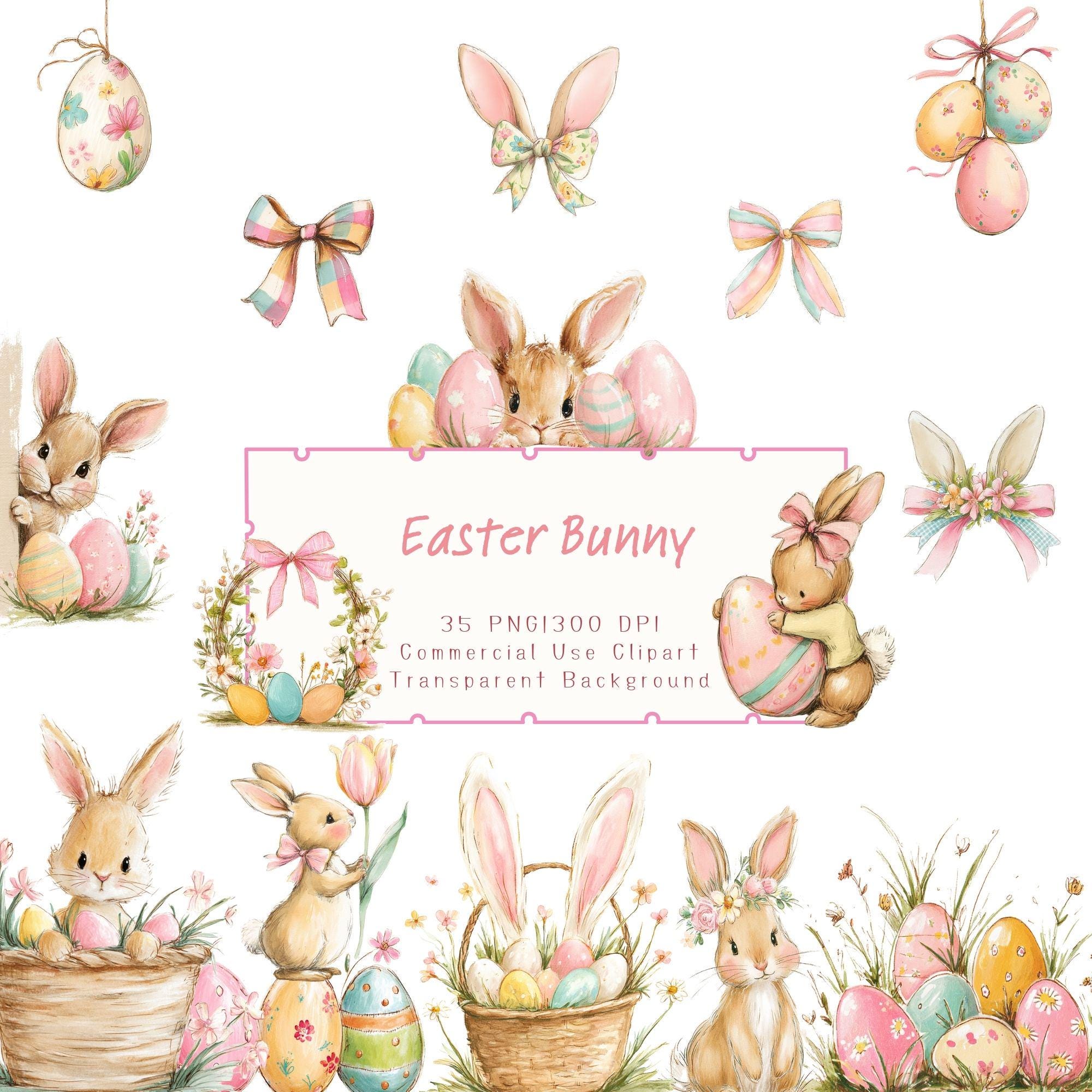 Easter Bunny Clipart, Spring Bunny PNG, Bunny With Flowers and Eggs ...