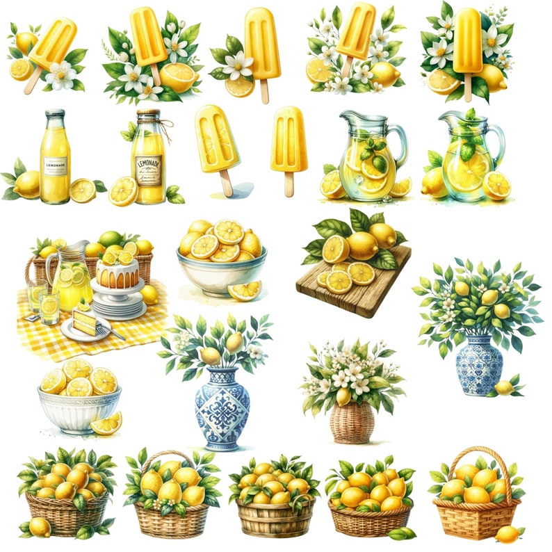 Watercolor Lemons Clipart, Lemon PNG Bundle, Lemonade Stand PNG, Food ...