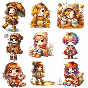 Watercolor Autumn Girl Clipart, Cute Chibi Fall Girl Clipart, Fall ...