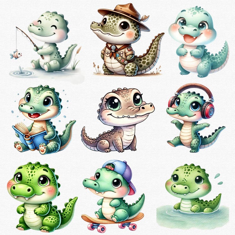 Watercolor Cute Alligator Clipart, Crocodile Clipart, Alligator PNG ...