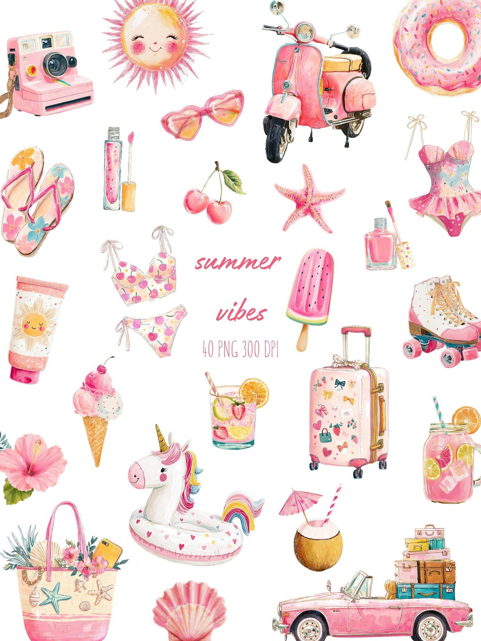 Watercolor Summer Clipart: Beach Vacation PNG Illustrations - Etsy