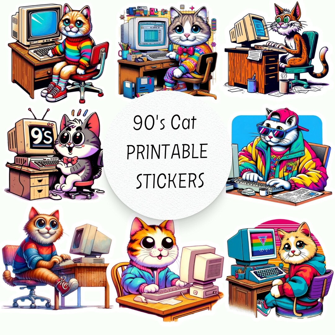 90s Cat Stickers, Retro Cat Illustrations, 90s Cat Working on the ...