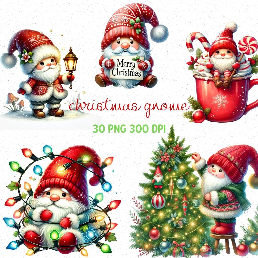 Watercolor Christmas Gnomes Clipart, Cute Santa Gnomes Clipart ...