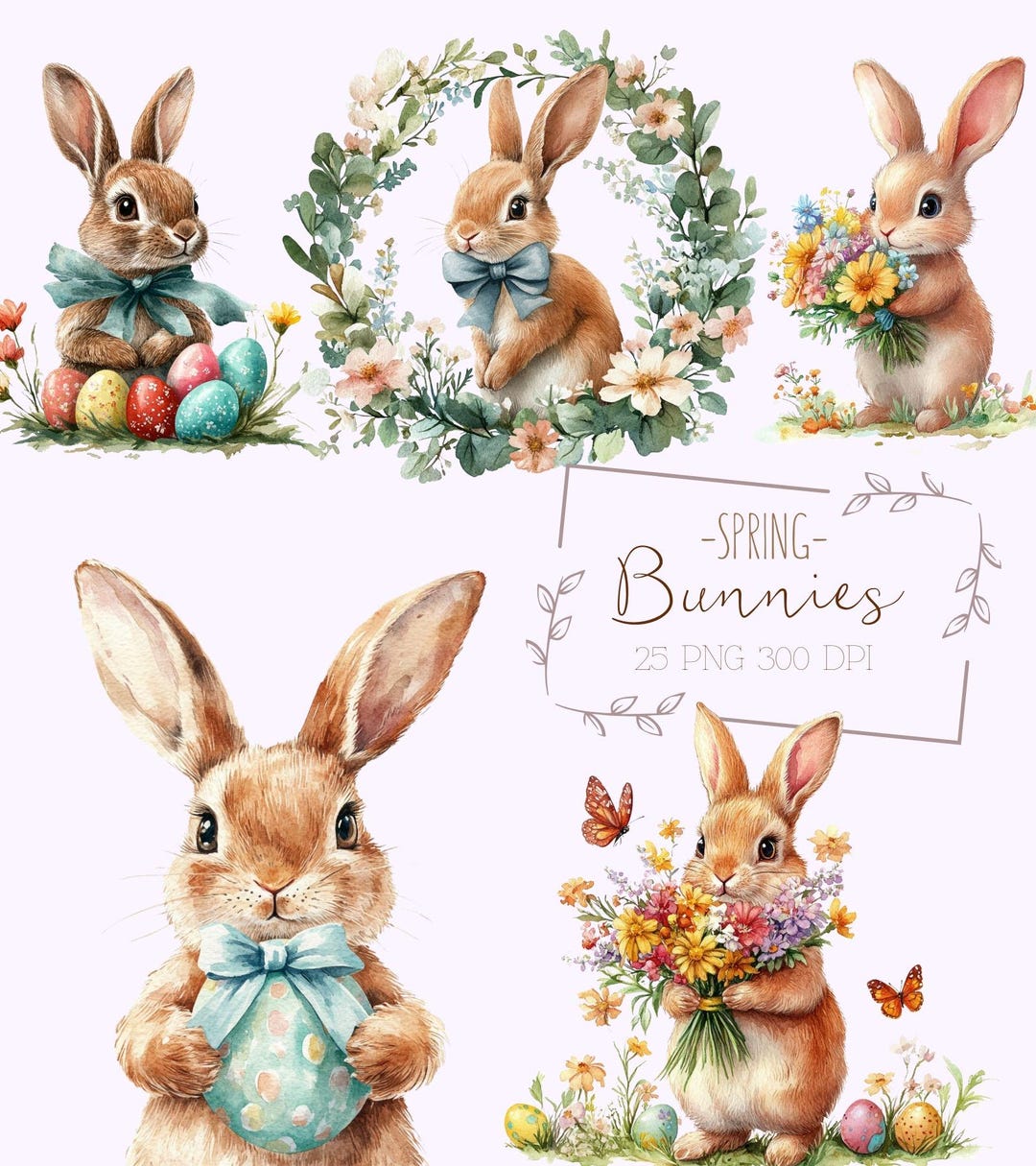 Watercolor Easter Bunny Clipart, Spring Flowers and Easter Egg Clipart ...