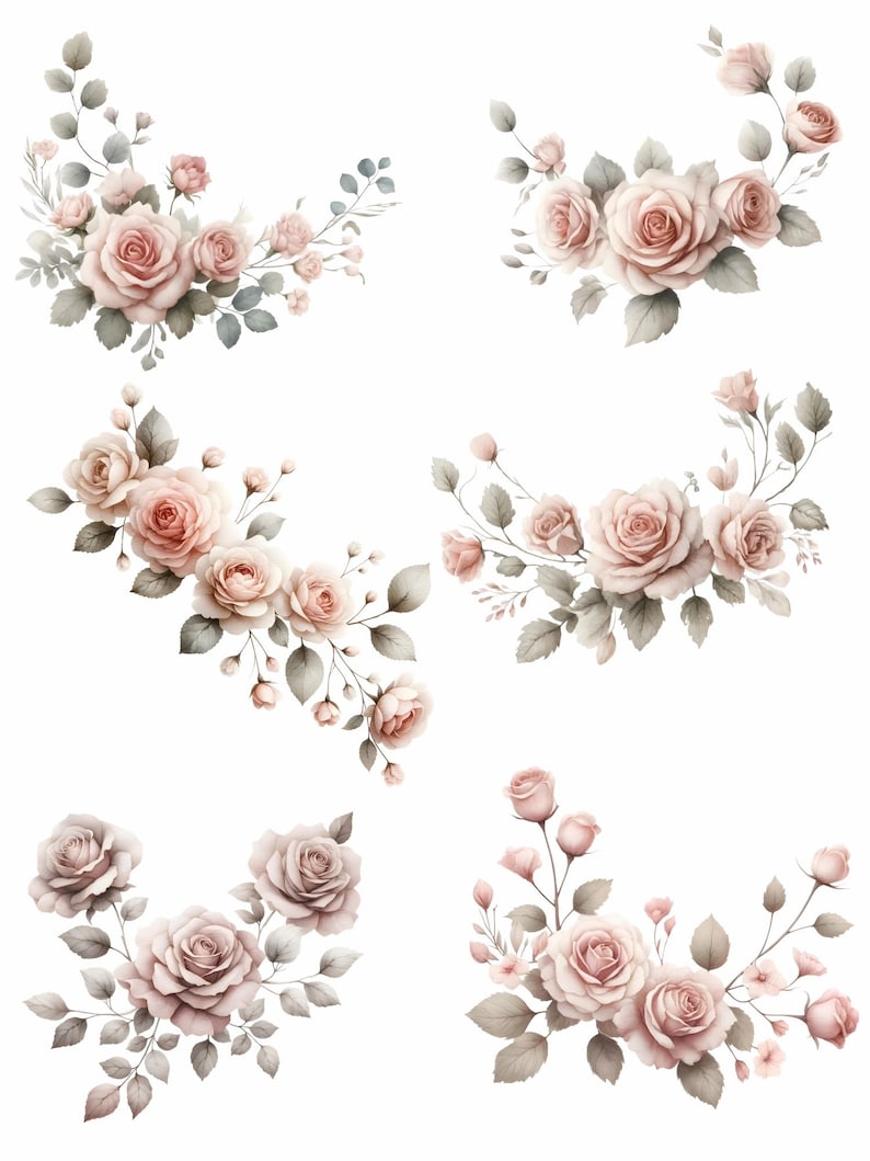 Dusty Pink Rose Clipart, Rose Floral Bundle Clipart, Watercolor Pink ...