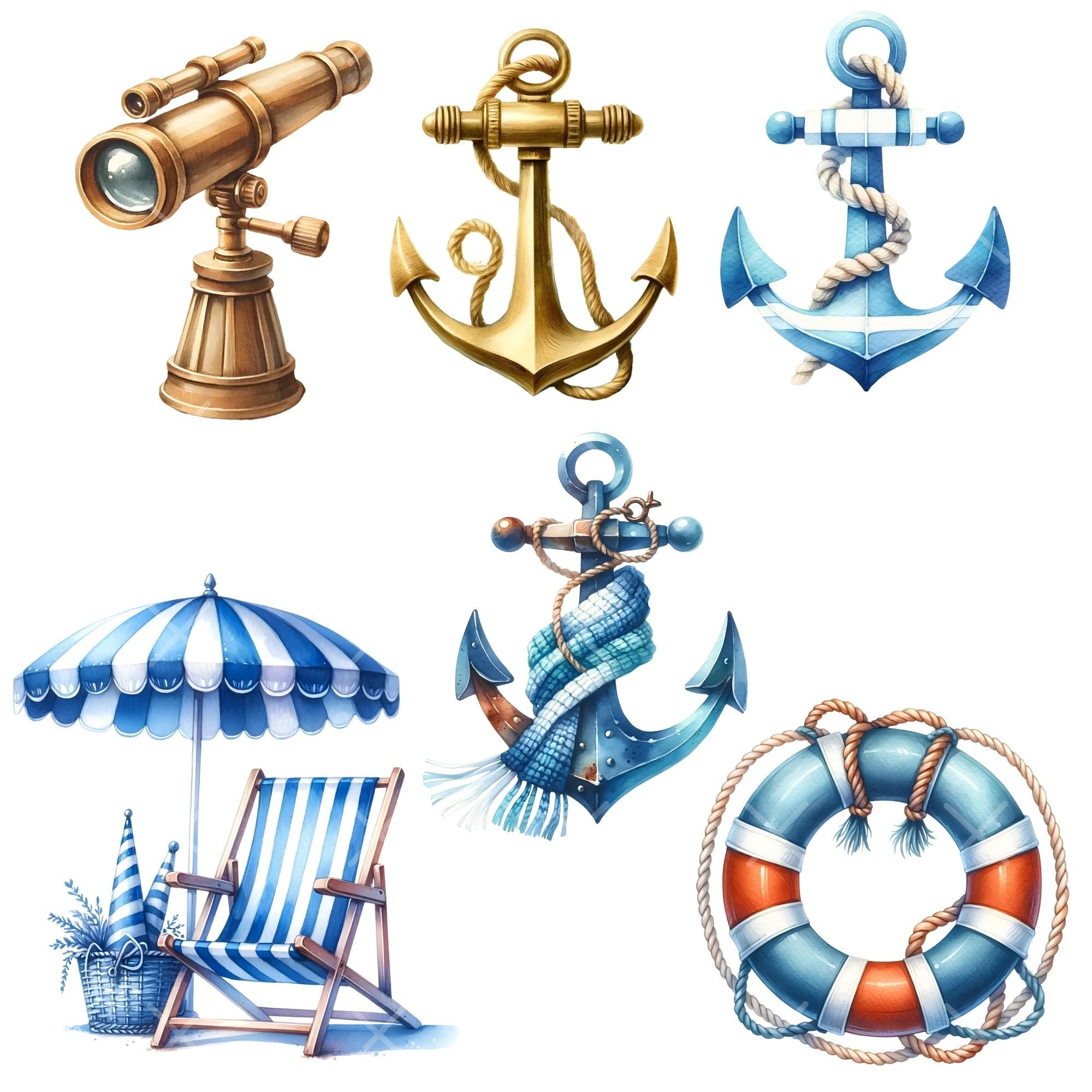 Watercolor Nautical Clipart: Beach & Coastal PNG - Etsy