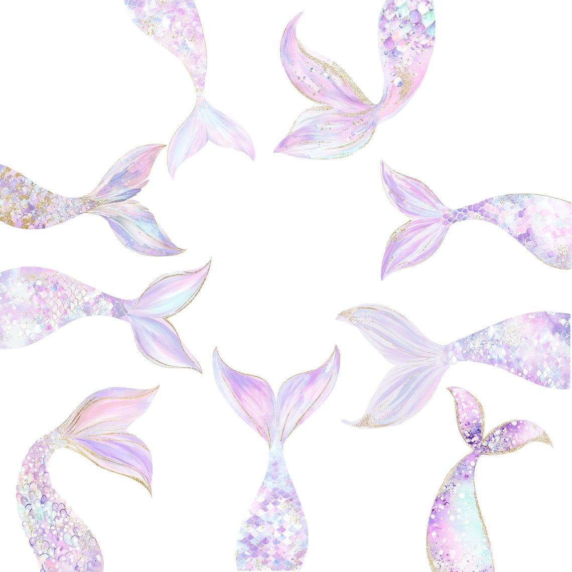 Watercolor Mermaid Tail Clipart Set: Pastel Fins, Glitter (PNG, JPG ...