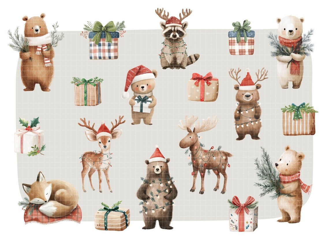 Watercolor Christmas Woodland Animals Clipart: Holiday Deer, Fox, Bear ...