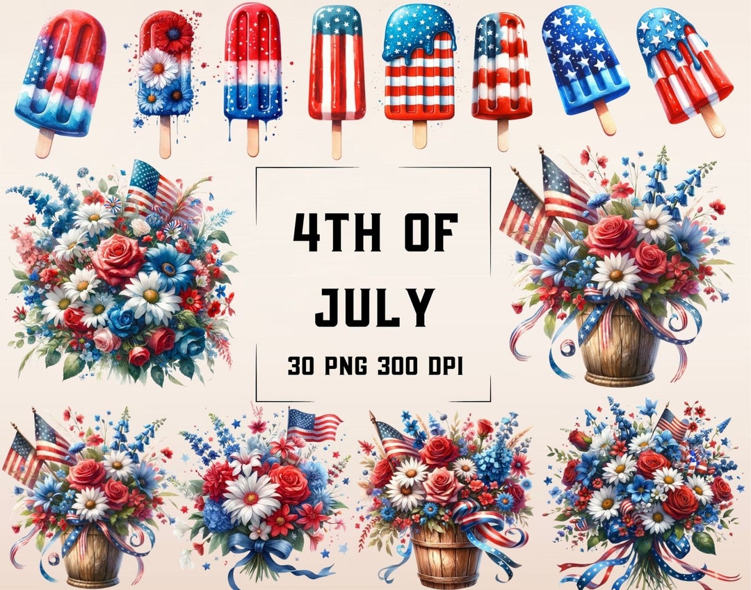 4th of July Clipart, Star Spangled Flower Bouquet Clipart, 4th of July ...