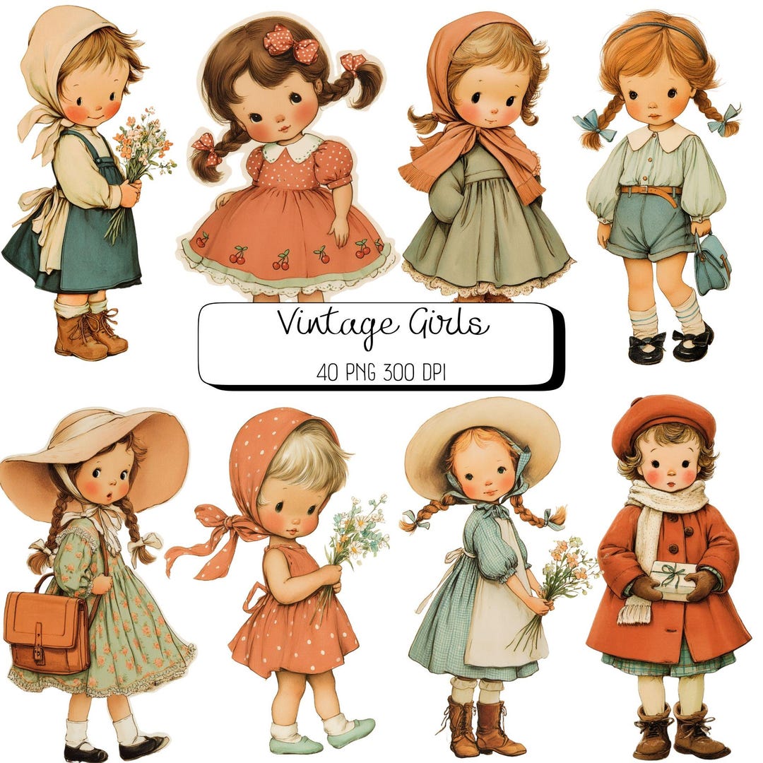 Watercolor Retro Girl Clipart Bundle: Vintage Kids PNG Illustrations - Etsy