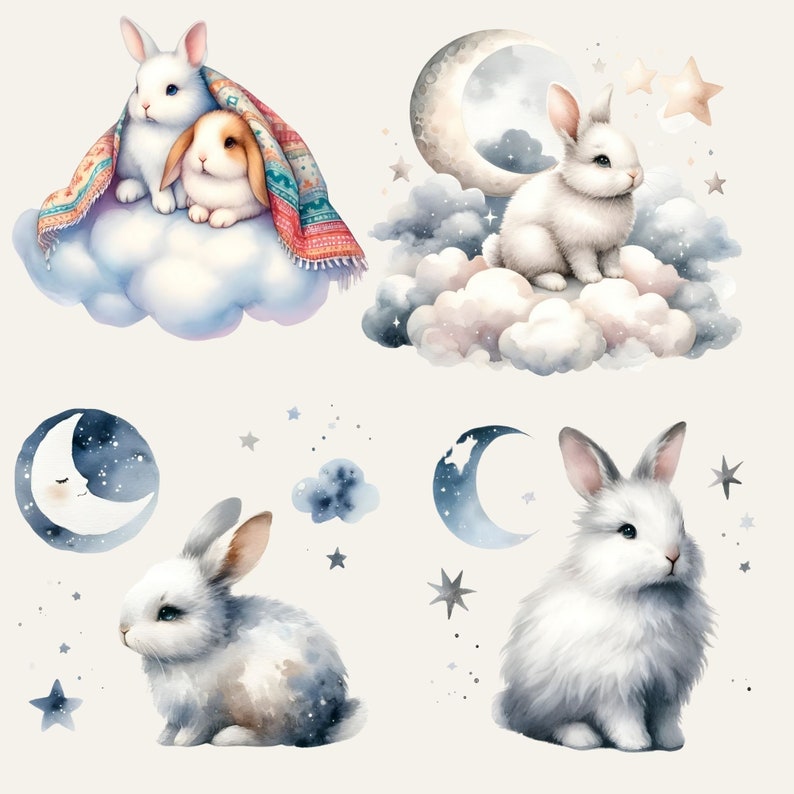 Cute Bunnies Clipart Watercolor Rabbit PNG Bunny Illustrations for Baby ...