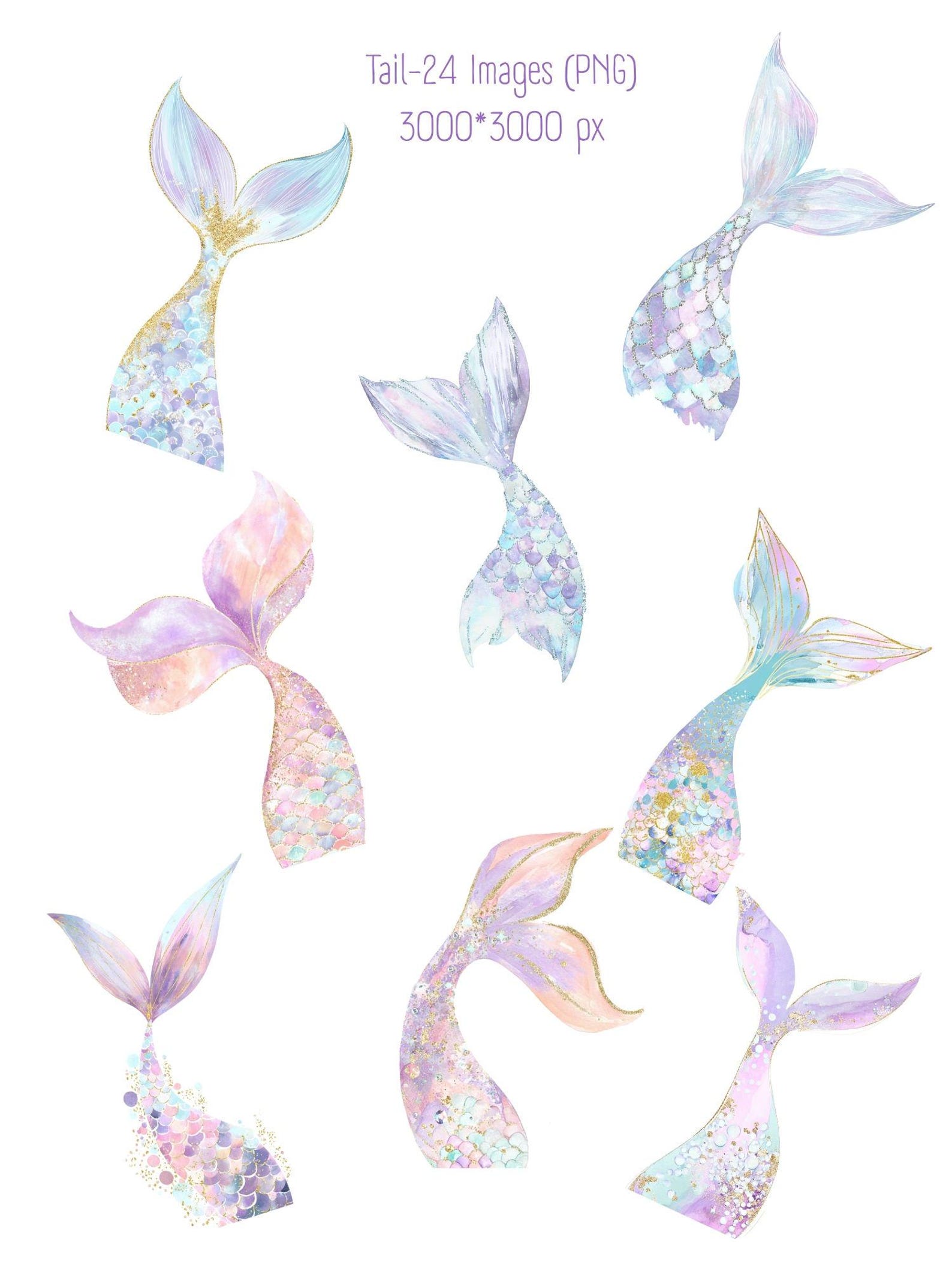 Watercolor Mermaid Tail Clipart Set: Pastel Fins, Glitter (PNG, JPG ...
