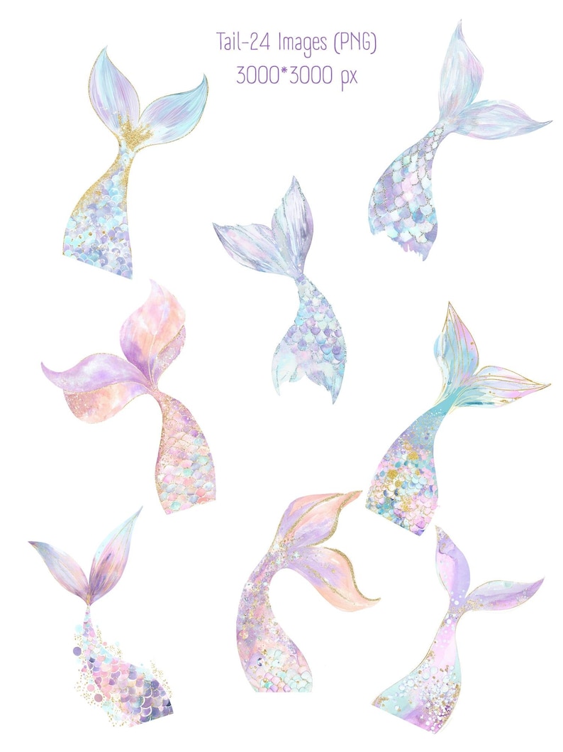 Watercolor Mermaid Tail Clipart Set: Pastel Fins, Glitter (PNG, JPG ...