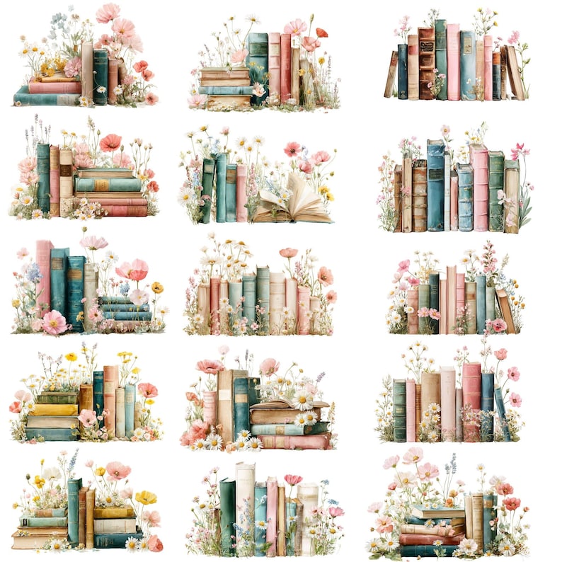 Watercolor Floral Books Clipart: Boho Wildflower PNG Set - Etsy