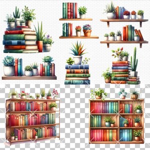Bookshelf and Books Clipart, Watercolor Bookshelf Clipart, Boho ...