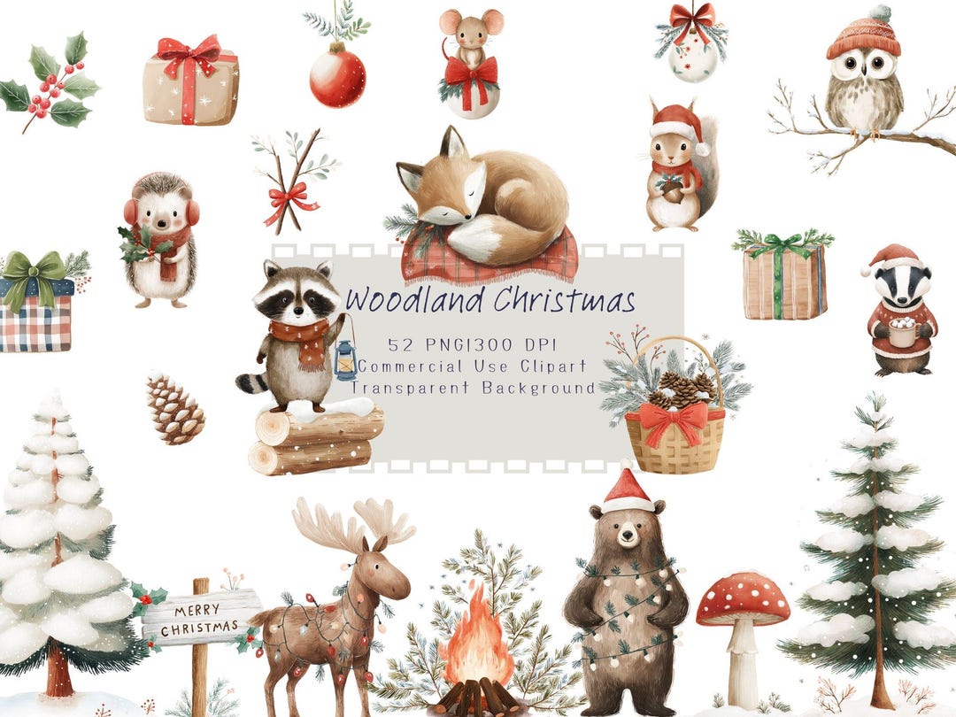 Watercolor Christmas Woodland Animals Clipart: Holiday Deer, Fox, Bear ...