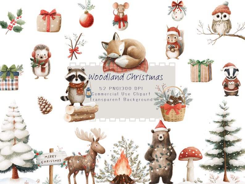 Watercolor Christmas Woodland Animals Clipart: Holiday Deer, Fox, Bear ...