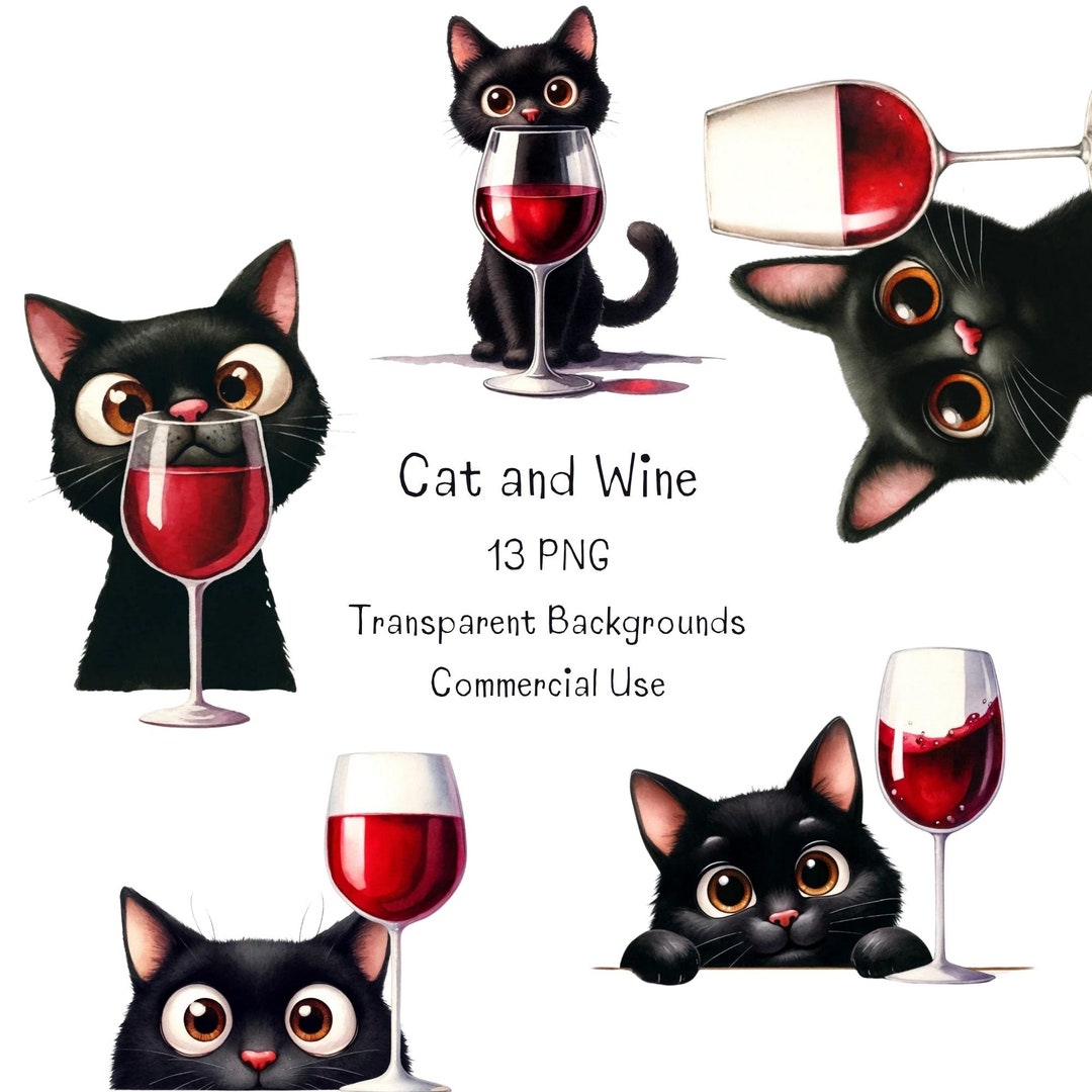 Watercolor Black Cat Clipart, Wine Cat Clipart, Quirky Black Cat and ...