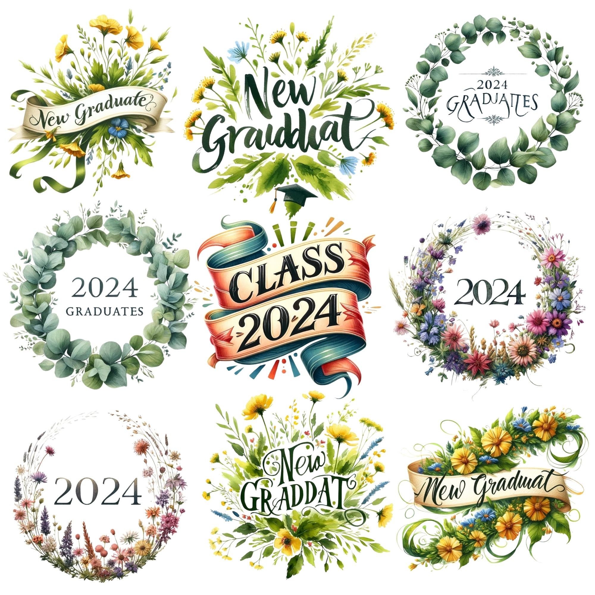 Watercolor Graduation Clipart Grad Floral Clipart Class of 2024 ...
