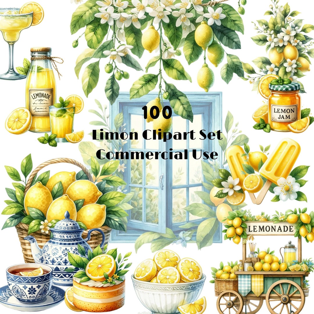 Watercolor Lemons Clipart, Lemon PNG Bundle, Lemonade Stand PNG, Food ...