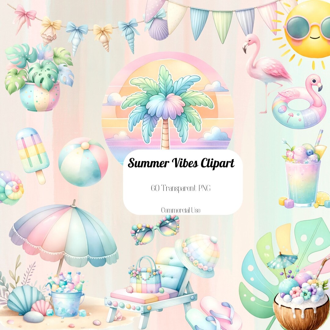 Pastel Summer Clipart: Beach Vacation PNG Graphics (digital Download ...