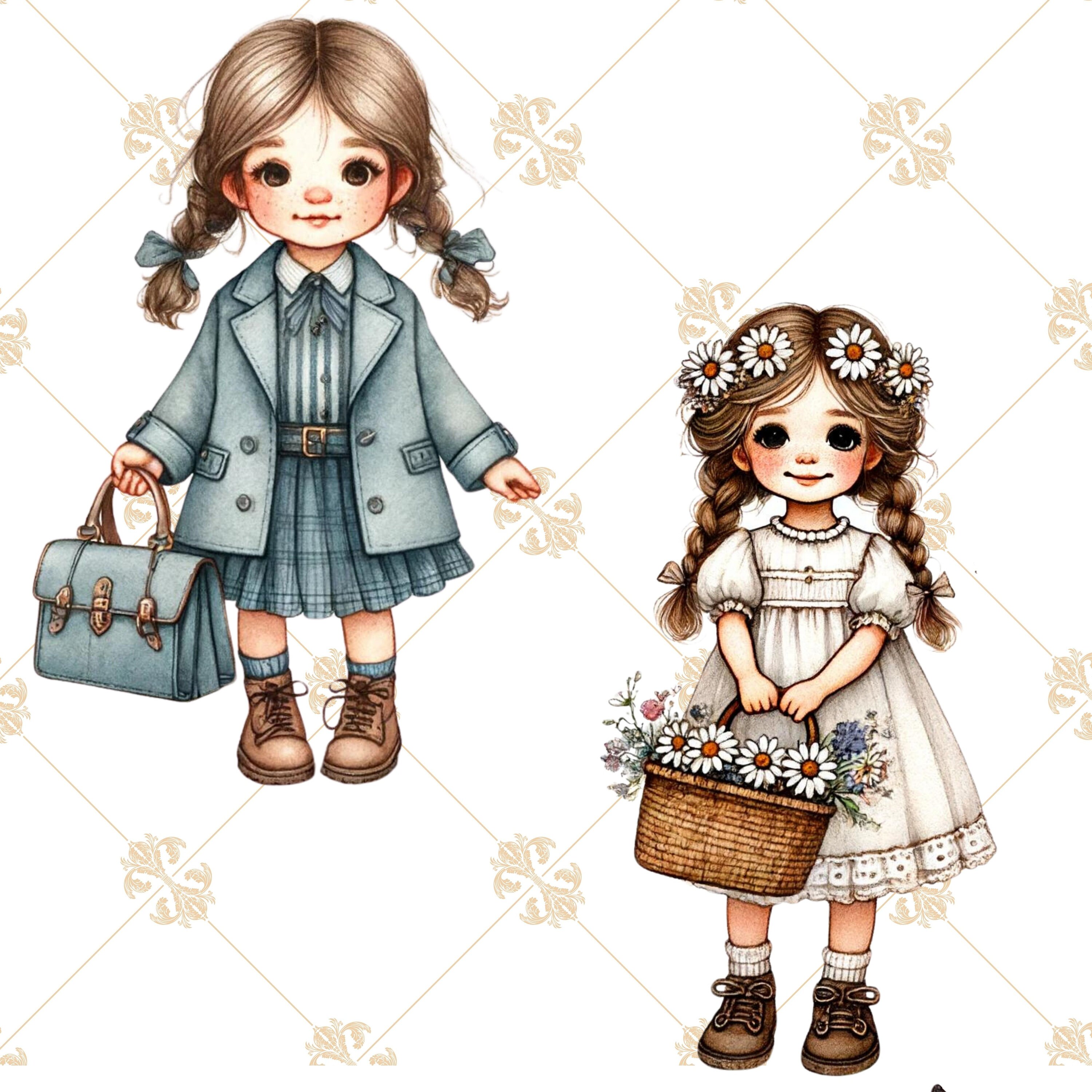 Vintage Cute Girl Clipart, Cottage Girls Clipart, Romantic Style ...