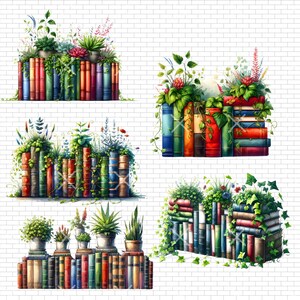 Bookshelf and Books Clipart, Watercolor Bookshelf Clipart, Boho ...