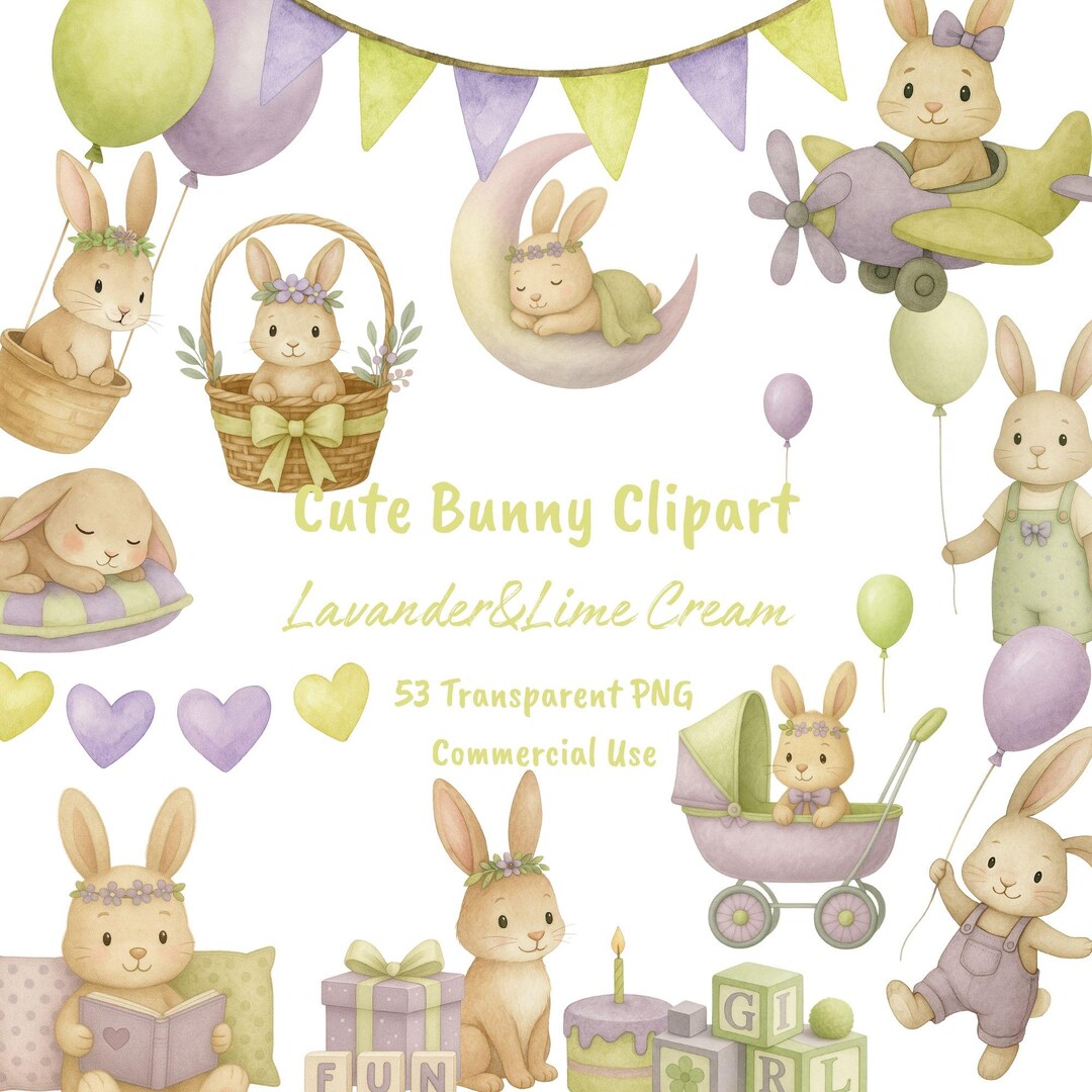 Cute Bunny Clipart, Watercolor Baby Bunny Clipart, Bunny Nursery Wall ...