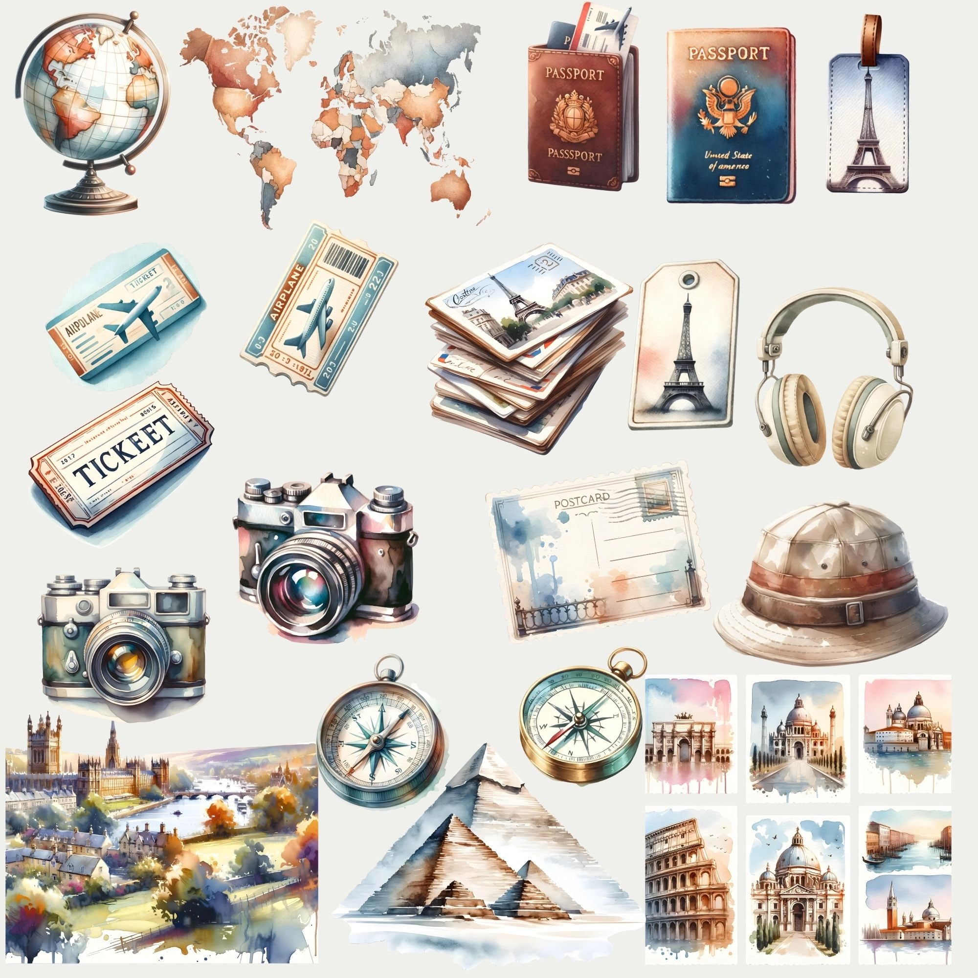 Watercolor Travel Clipart: Vacation & Camping Scenes (PNG) - Etsy