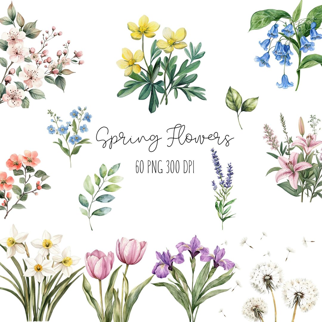 Watercolor Spring Flowers Clipart, Pastel Flowers PNG, Vintage ...