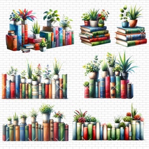 Bookshelf and Books Clipart, Watercolor Bookshelf Clipart, Boho ...