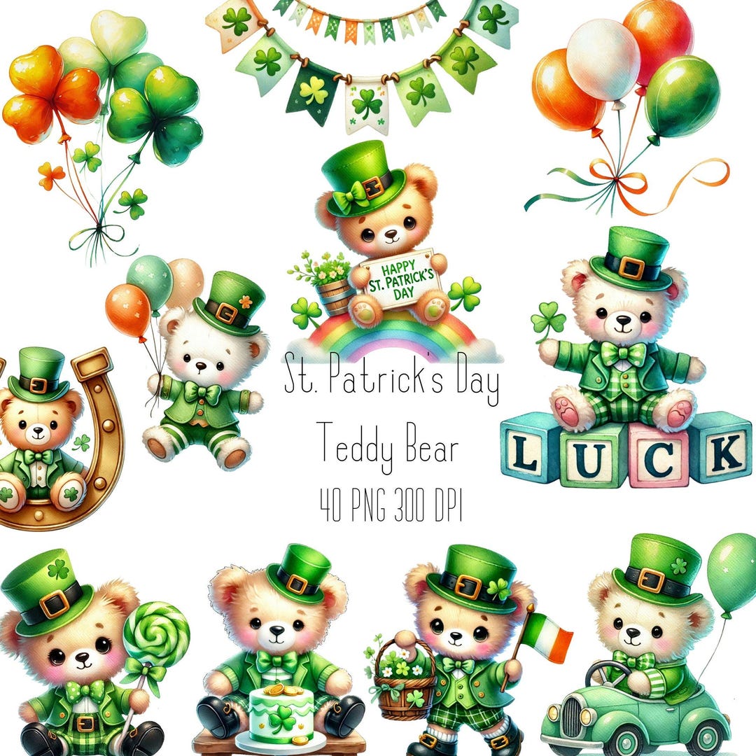 Watercolor Cute St. Patrick's Day Bear Clipart, Green Teddy Bear PNG ...