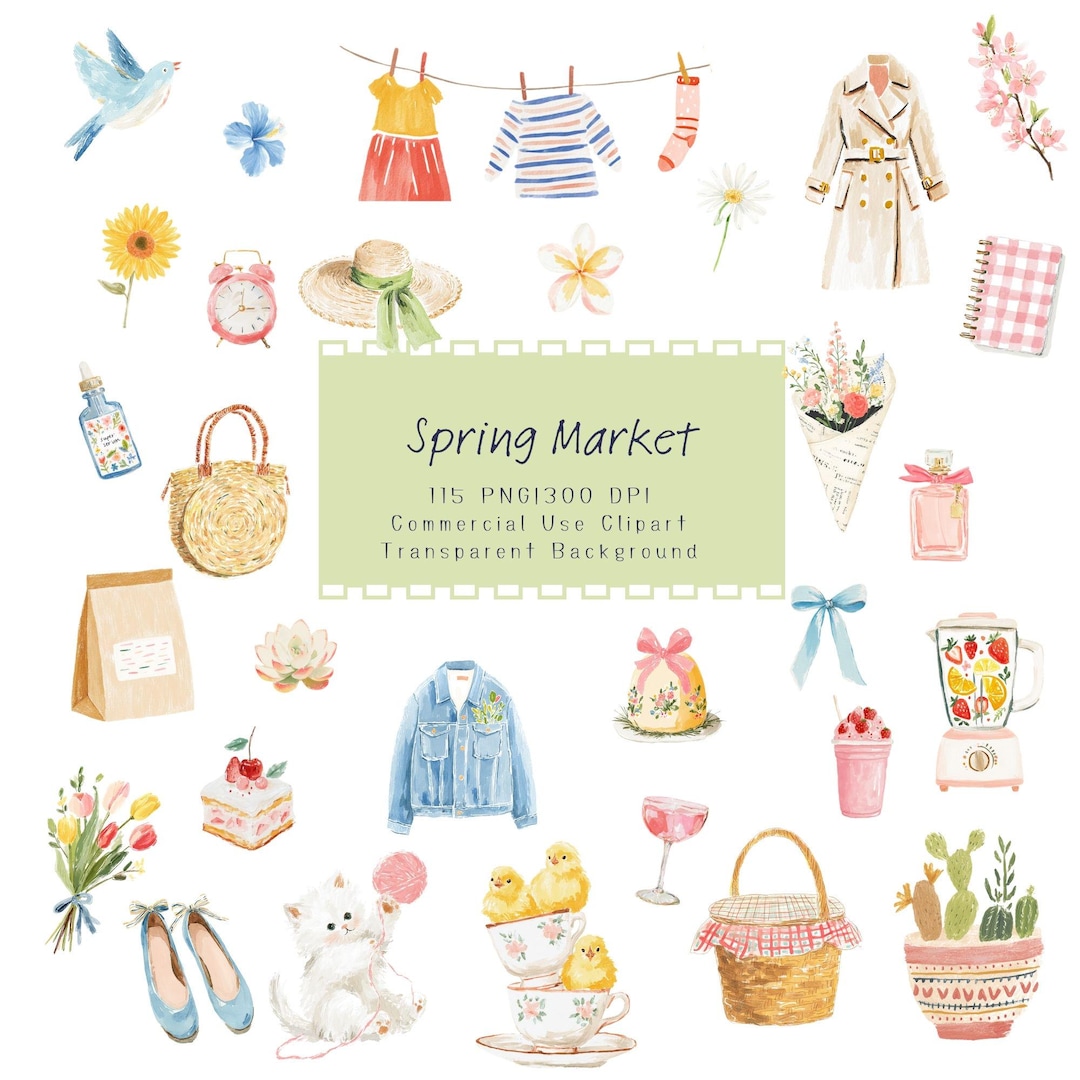 Watercolor Spring Clipart, Romantic Garden Picnic PNG, Cottage Spring ...