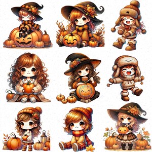 Watercolor Autumn Girl Clipart, Cute Chibi Fall Girl Clipart, Fall ...