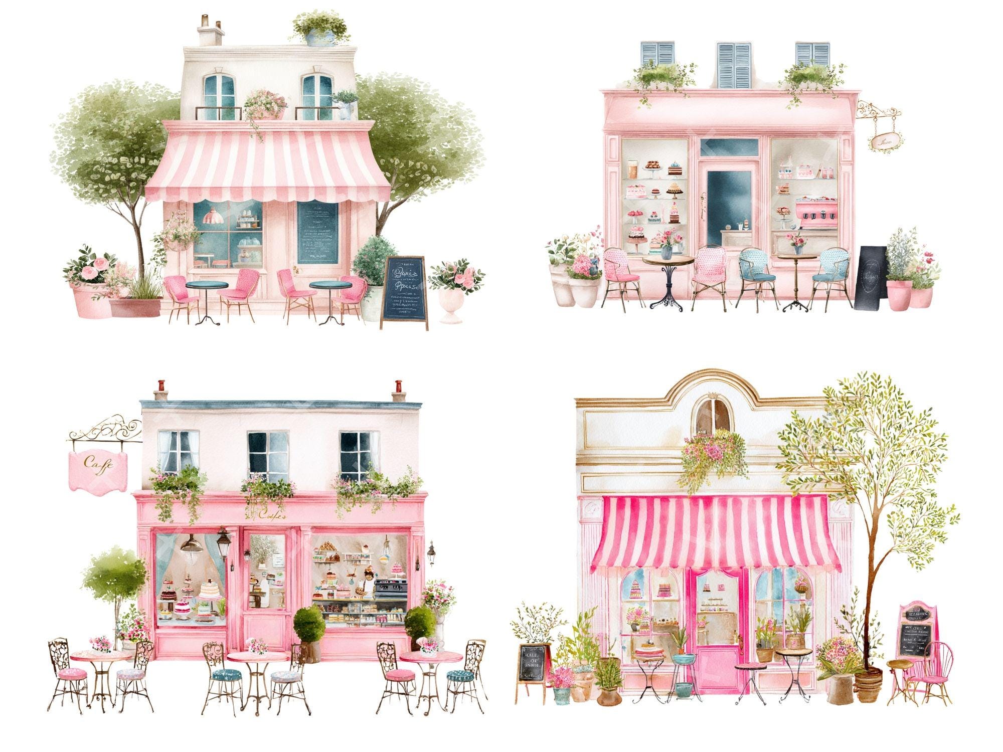 Watercolor Paris Cafe Clipart, French Patisserie Illustration (PNG) - Etsy