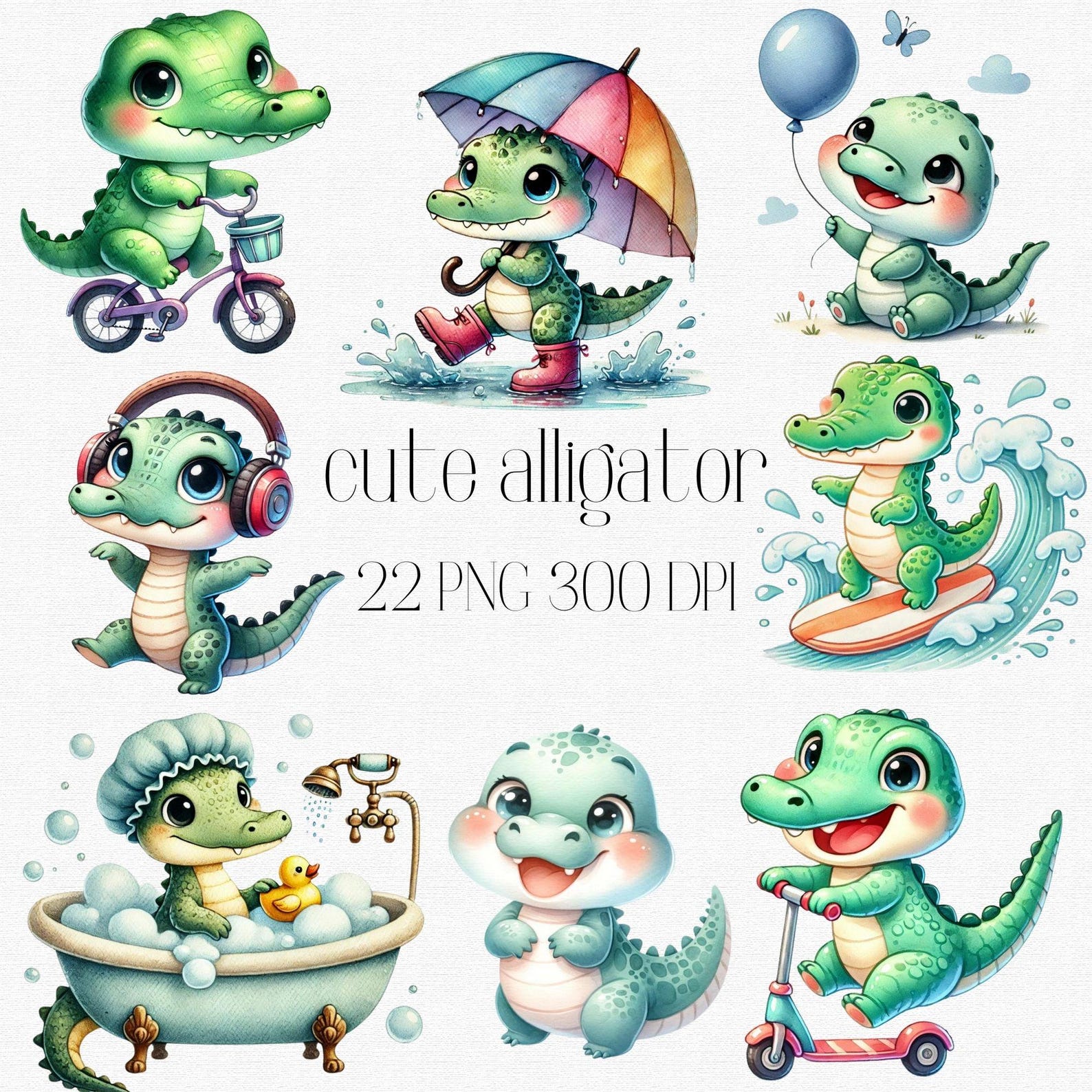 Watercolor Cute Alligator Clipart, Kawaii Crocodile PNG (digital ...