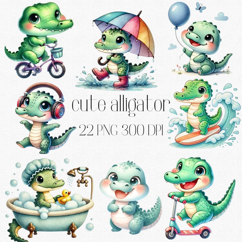 Watercolor Cute Alligator Clipart, Kawaii Crocodile PNG (digital ...
