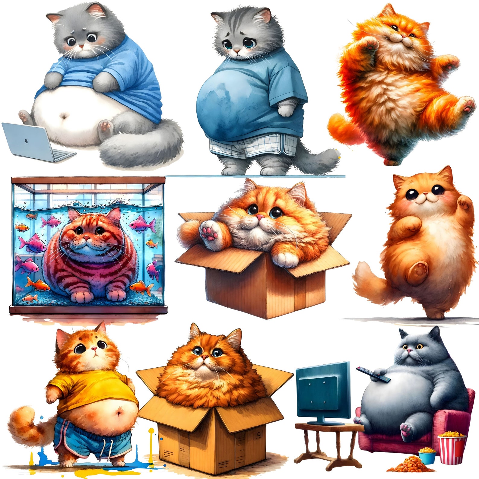 Watercolor Chubby Cat Clipart: Funny Orange Tabby PNG - Etsy