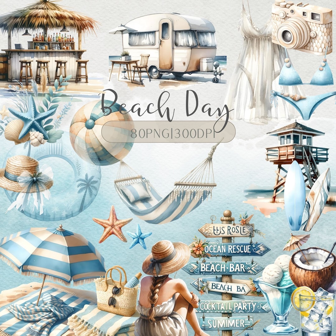 Watercolor Beach Clipart: Summer Vacation PNG - Etsy