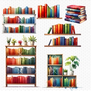 Bookshelf and Books Clipart, Watercolor Bookshelf Clipart, Boho ...