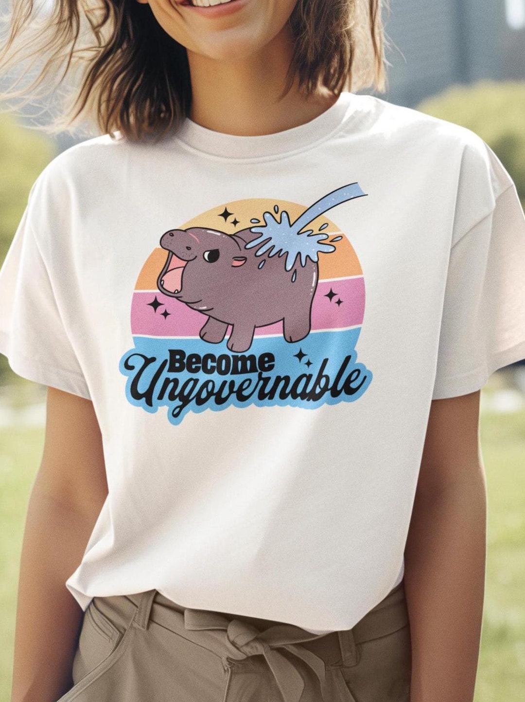 Moo Deng Hippo Merch Become Ungovernable Meme Graphic Tee Funny Hippo ...