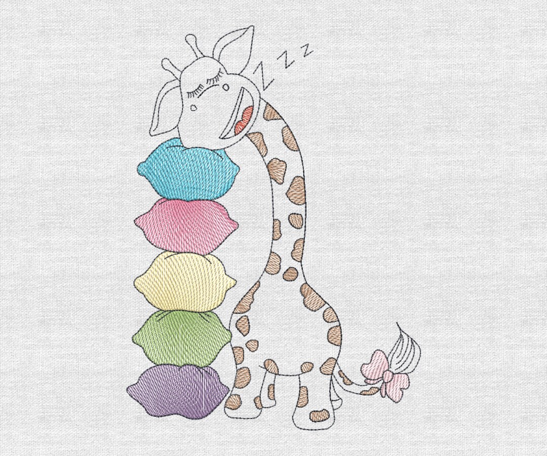 Cute Sleepy Giraffe on a Stack of Pillows Machine Sketch Embroidery ...