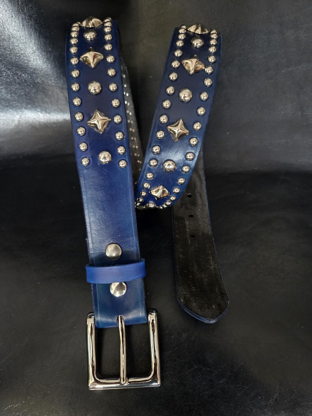 Studded, Blue, Leather Belt. - Etsy