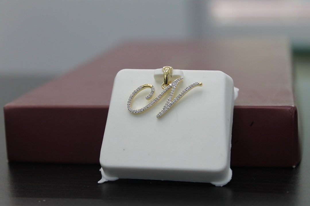10k Gold and Natural Diamonds Cursive Initials N Alphabet Pendant ...